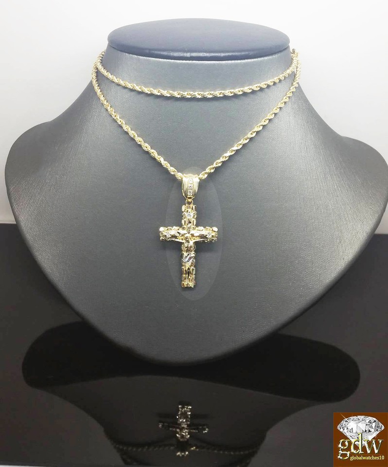 Real 10k Gold Rope Chain Cross Pendant 18" 20" 22" 24" 26 Inch Necklace ...