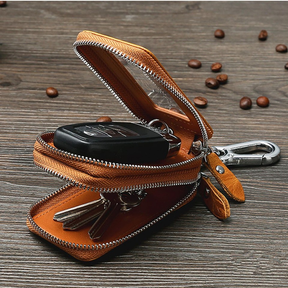 Genuine Leather Car Key Chain Holder Wallet Keychain Bag Double Zipper ...
