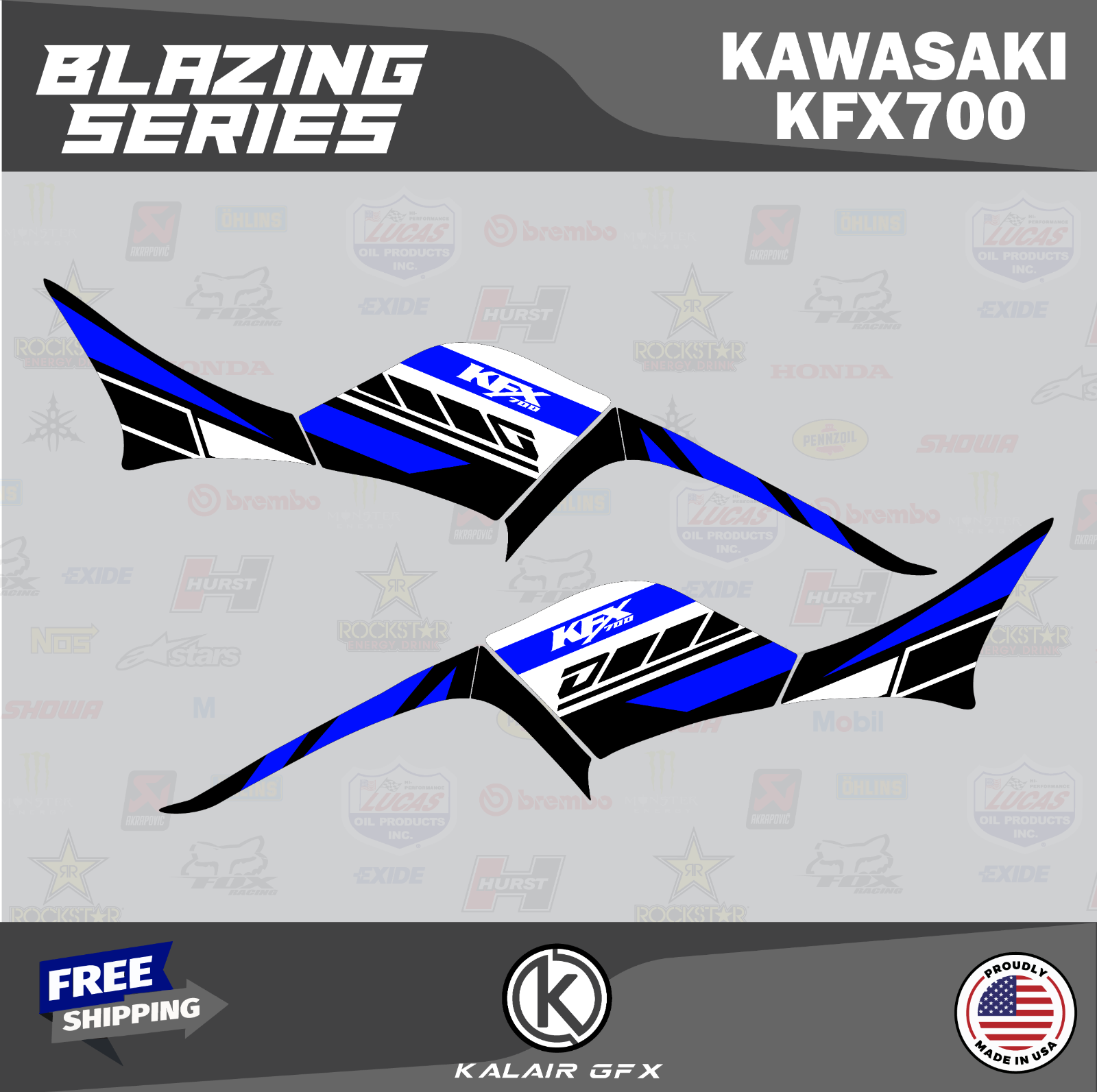 Graphics Kit for KAWASAKI KFX 700 KFX700 Blazing Series - Blue 16 MIL ...