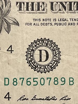 LADDER - “8765” - SERIES 2013 $1 Dollar Bill in SERIAL NUMBER “D 8765 0 ...