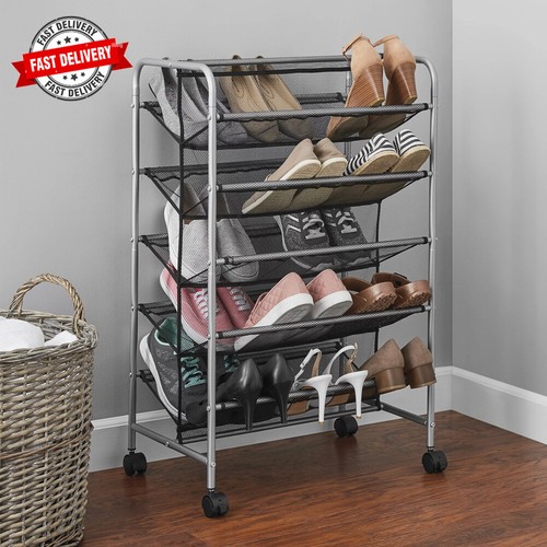 5 Tier 30 Pair Rolling Metal Mesh Shoe Rack Storage Organizer Double ...