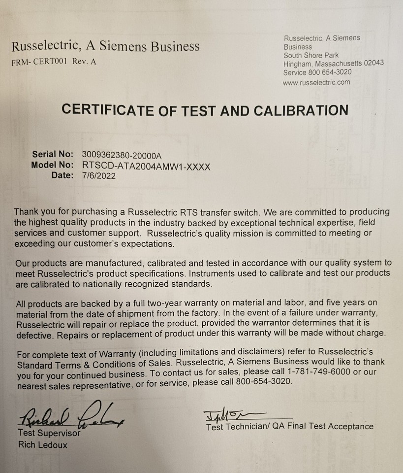 Russelectric 200 AMP RTS Automatic Transfer Switch RTSCD Controller ...