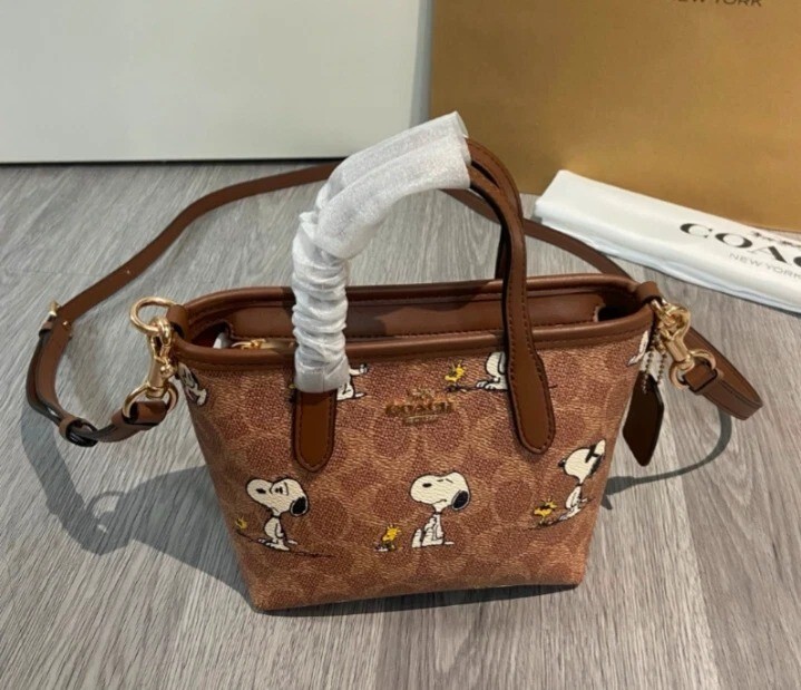 COACH x PEANUTS City Mini Tote Bag Signature Canvas Snoopy Print Outlet ...