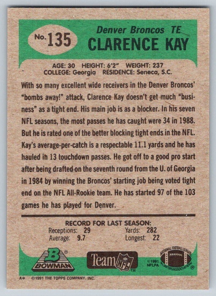 1991 Bowman #135 Clarence Kay Denver Broncos | eBay