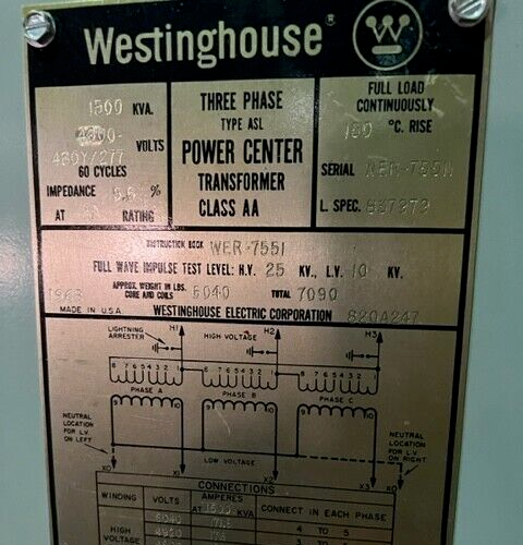 Westinghouse Power Center Transformer 1500 KVA 4800-480Y/277V, 3 Phase ...