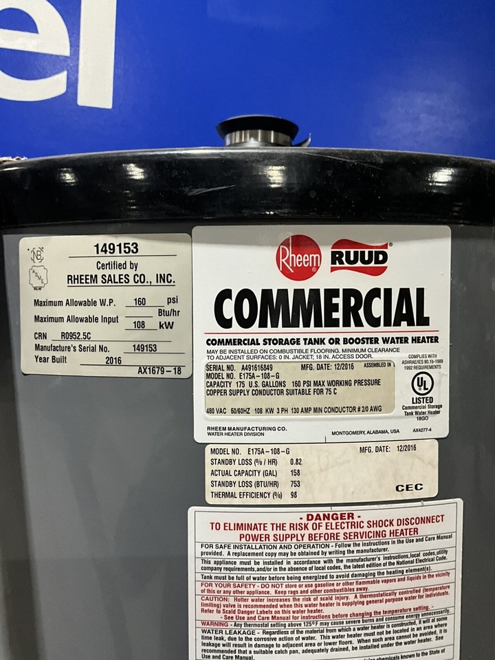 Rheem Storage Water Tank 175Gal 480V 60Hz 108KW 130Amp Cat No ...