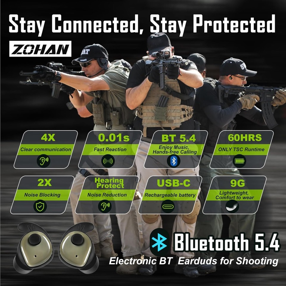 ZOHAN Shooting Ear Buds with 4X TSC Hearing Boost, Rechargeable Green ...