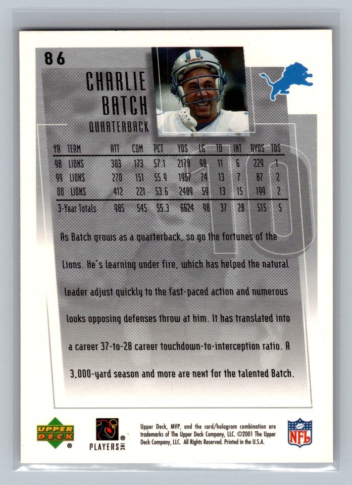 Charlie Batch 2001 Upper Deck MVP #86 Detroit Lions C17 | eBay