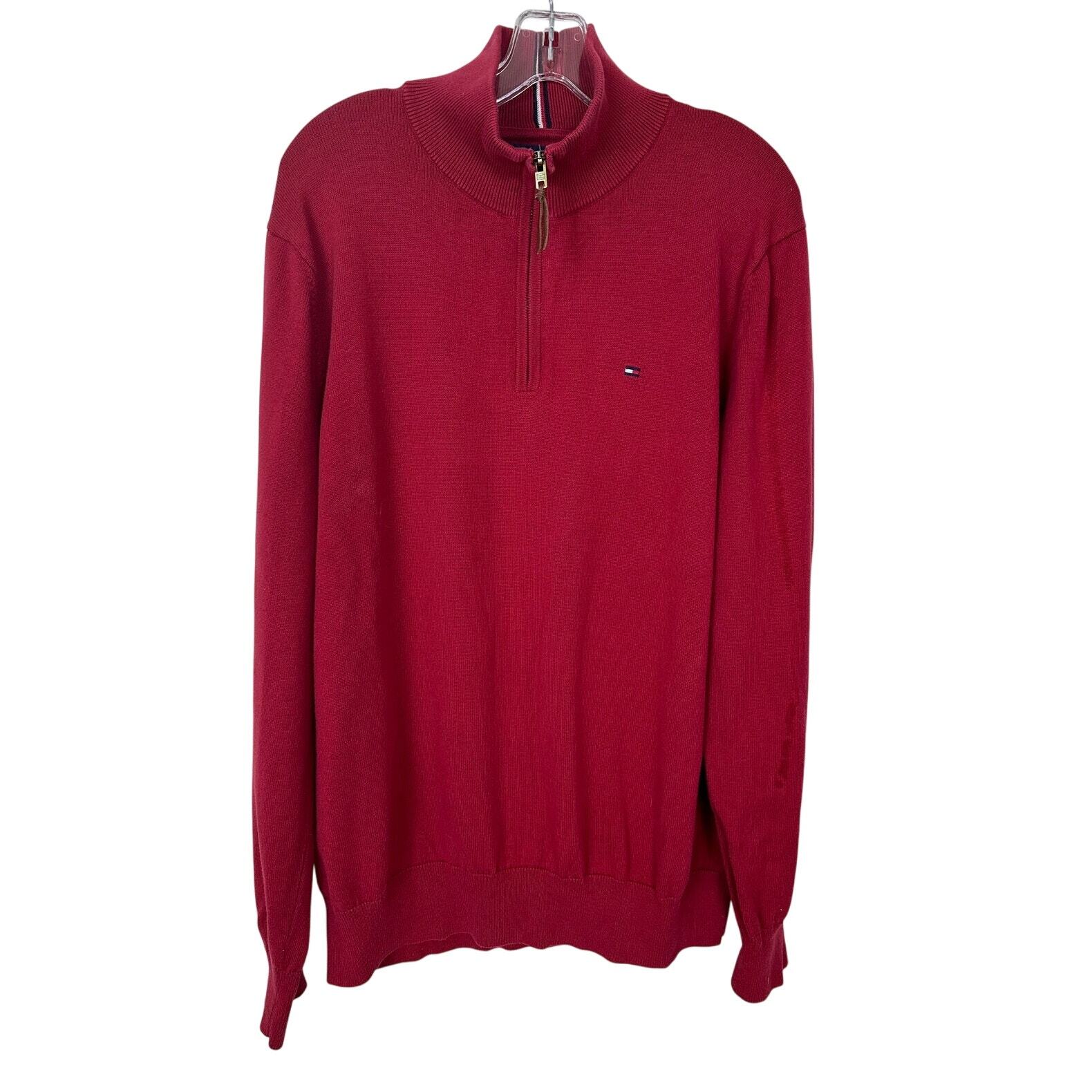 Tommy Hilfiger Men's Red Pullover Cotton Sweater 1/4 Leather Zip XL | eBay