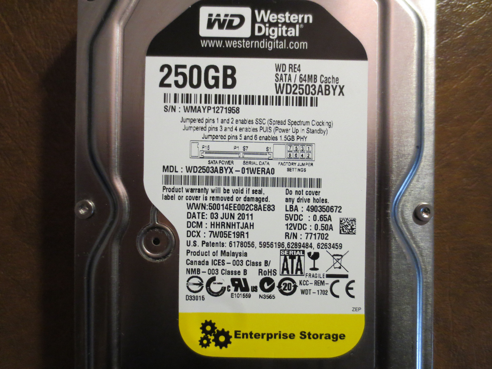Western Digital WD2503ABYX-01WERA0 DCM:HHRNHTJAH 250gb 3.5" Sata hard ...