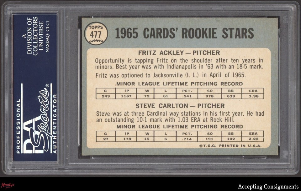 1965 Topps #477 Rookie Stars Fritz Ackley, Steve Carlton ROOKIE RC PSA ...