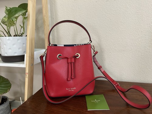 NWT Kate Spade Eva Red / Floral Refined Grain Leather Small Bucket ...