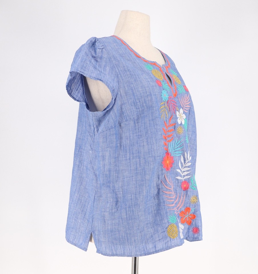 TALBOTS Linen Blend Embroidered Split Neck Top Blue Short Sleeves Size XLP | eBay