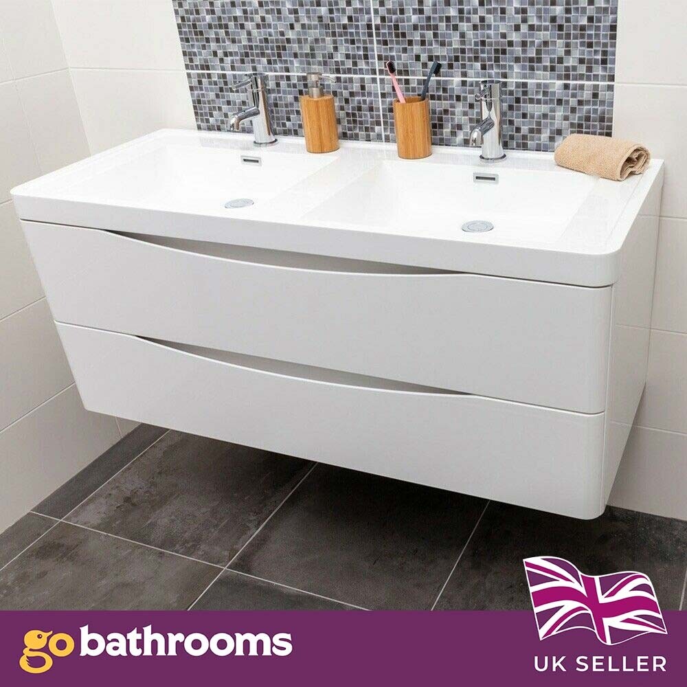 White Vanity Unit & Double Sink Wall Hung Gloss Bathroom Basin Two ...