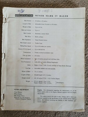 JONES MINOR MARK IV BALER PARTS & OPERATORS MANUAL | eBay UK