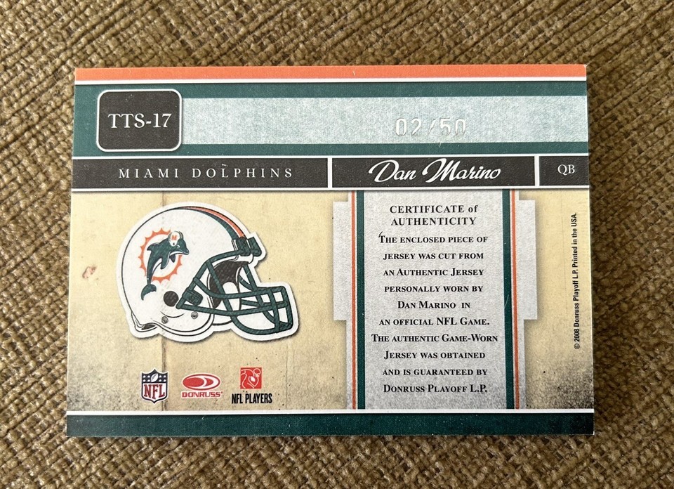 2008 Donruss Elite Throwback Threads Dan Marino /50 3 CLR Jersey Patch ...
