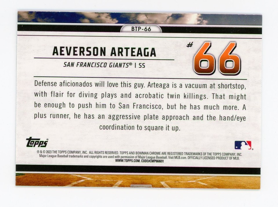 2023 Bowman Chrome Averson Arteaga #BTP-66 Scouts Top 100 San Francisco ...