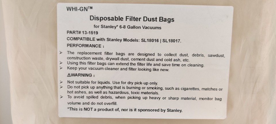 Disposable Filter Dust Bags For Stanley 6-8 Gallon Vacuums SL18016 ...