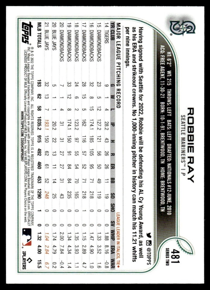 2022 Topps Baseball Card Robbie Ray A Seattle Mariners #481 | eBay