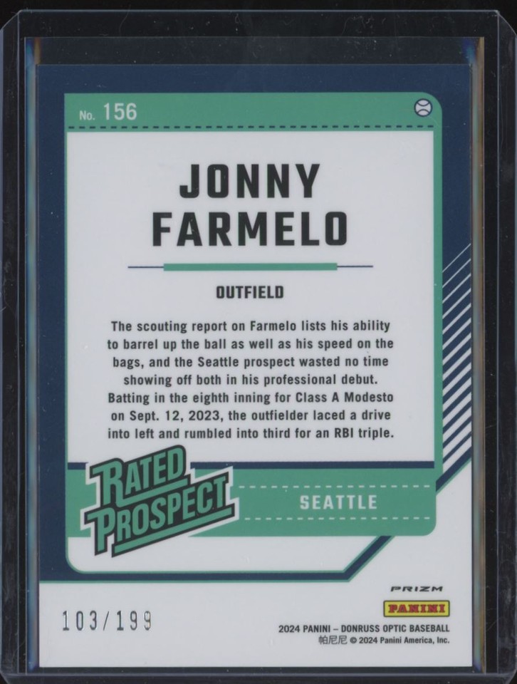 2024 Donruss Jonny Farmelo Rookie /199 Seattle Mariners #156 Optic ...
