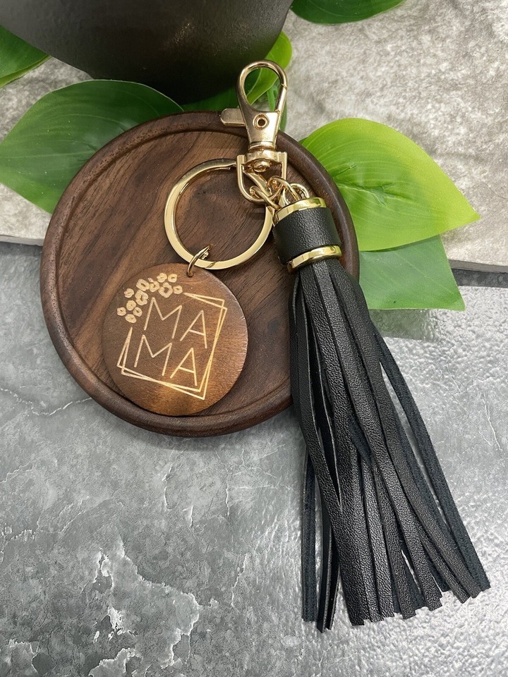 6" Gold-Tone Leather Tassel MAMA Wood Pendant Keychain New Free Ship ...