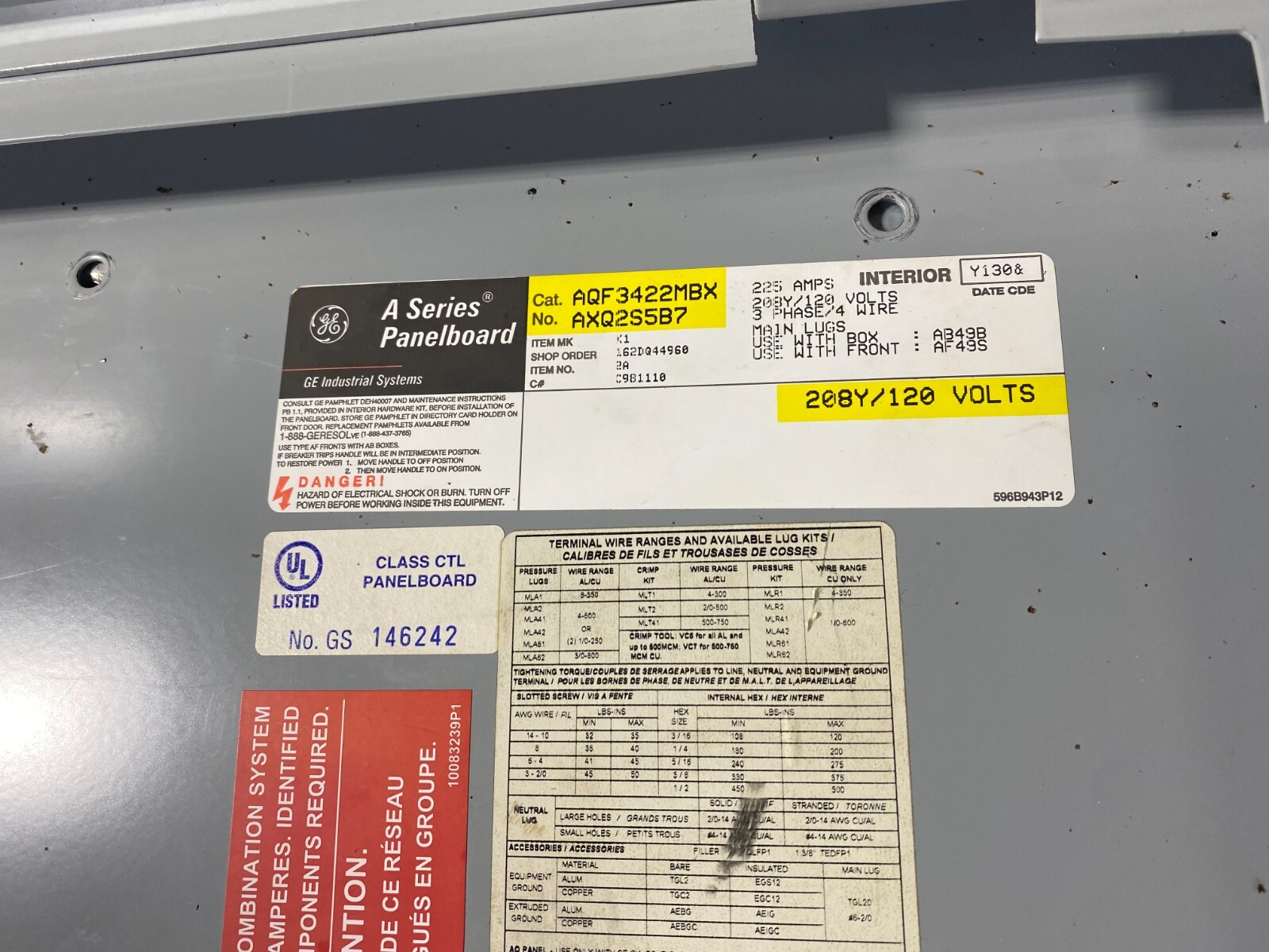 GE AQF3422MBX Panelboard 225 AMP 208Y/120V 3 Phase 4W 42 Circuit THQB ...