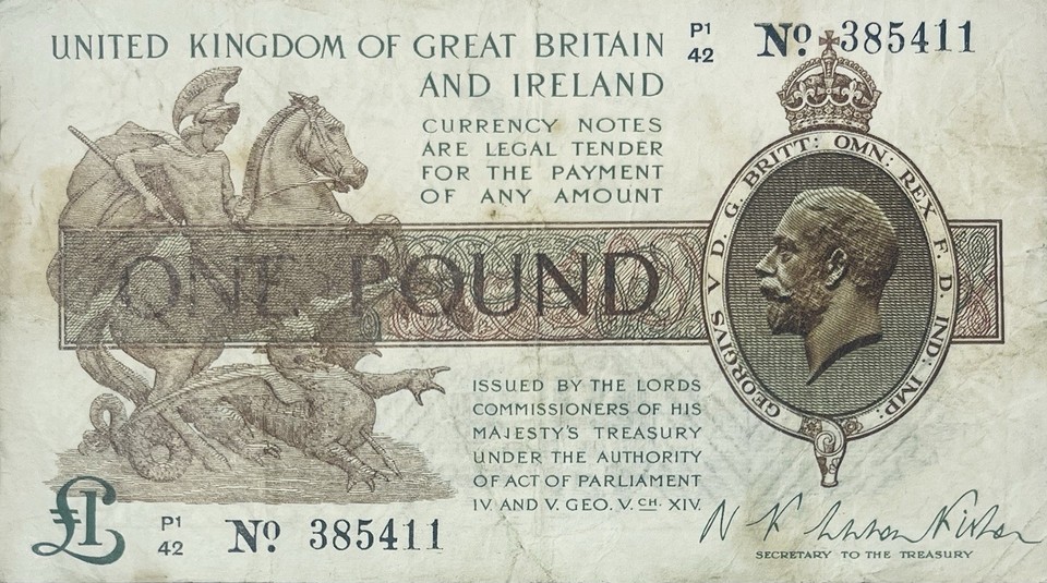 1922 UNITED KINGDOM & IRELAND 1 BRITISH IRISH BANKNOTE TREASURY NOTE ...