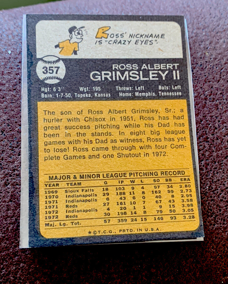 1973 Topps Ross Grimsley Baseball Card # 357, Cincinnati Reds | eBay