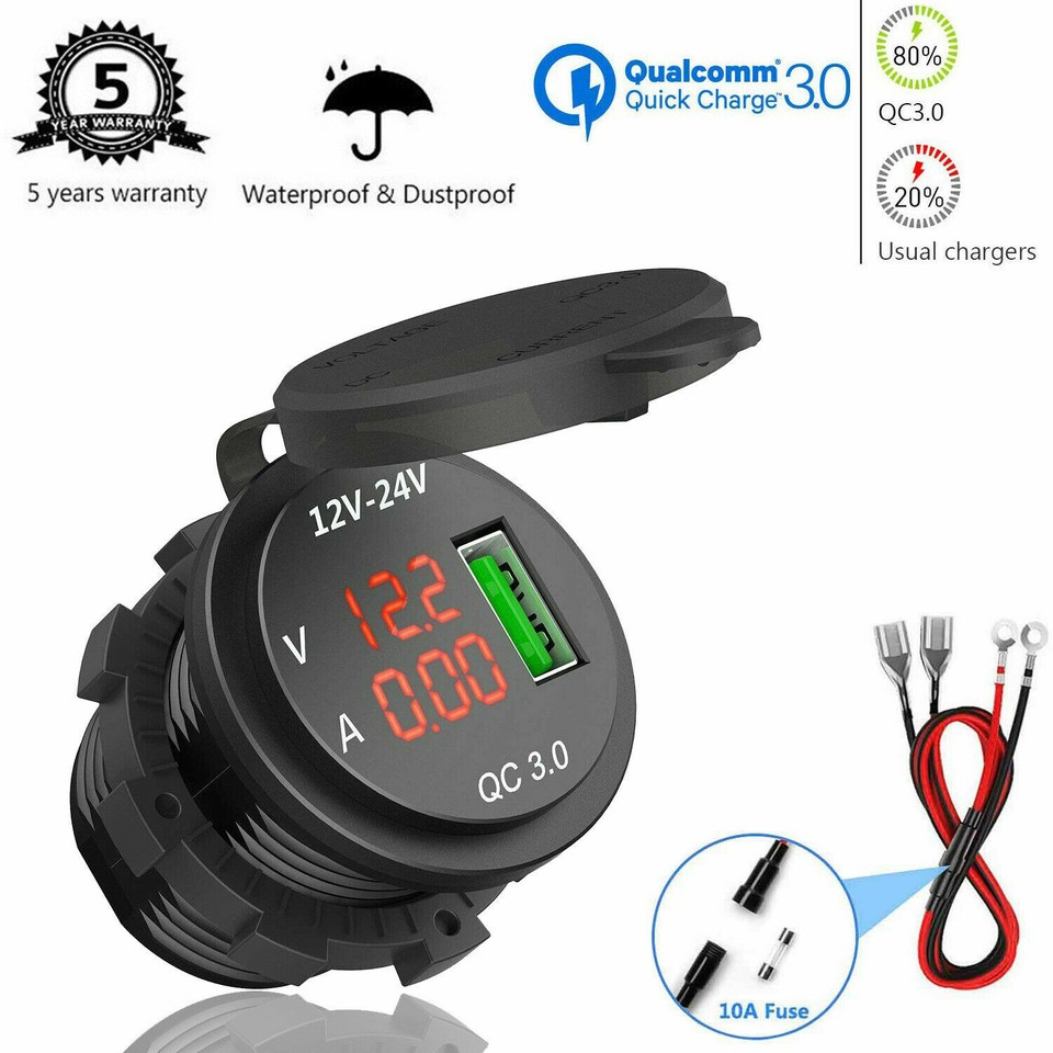 12V-24V Dual USB Charger LED Digital Display Voltage Amp Gauge Ammeter ...