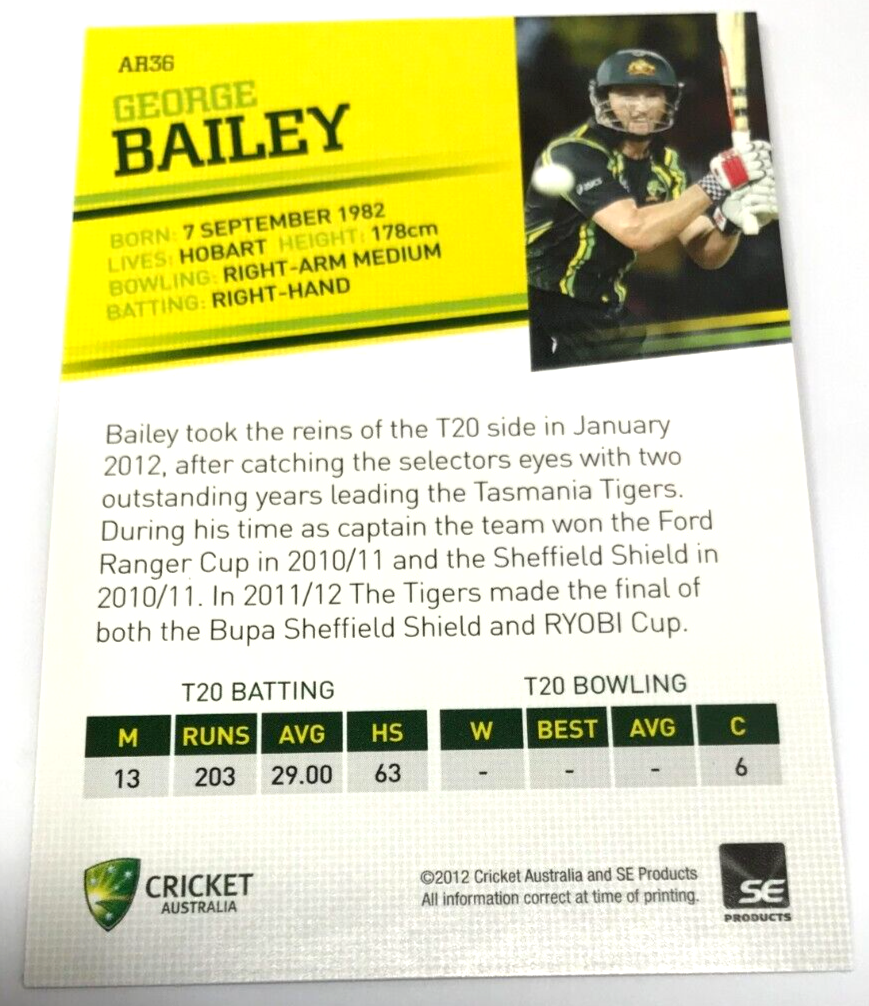 2012-13 SE BIG BASH CRICKET CARD AUST. REPRESENTIVE CARD AR36 GEORGE ...