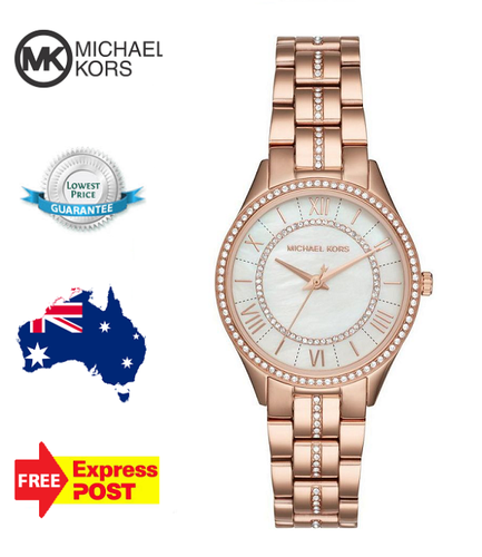 NEW MICHAEL KORS LAURYN MK3716 ROSE GOLD/PEARL/CRYSTAL WOMENS QUARTZ ...
