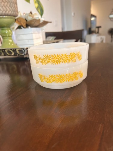 Set of 2 Glasbake Stackable Soup/Cereal Bowls Yellow Daisies 5" | eBay