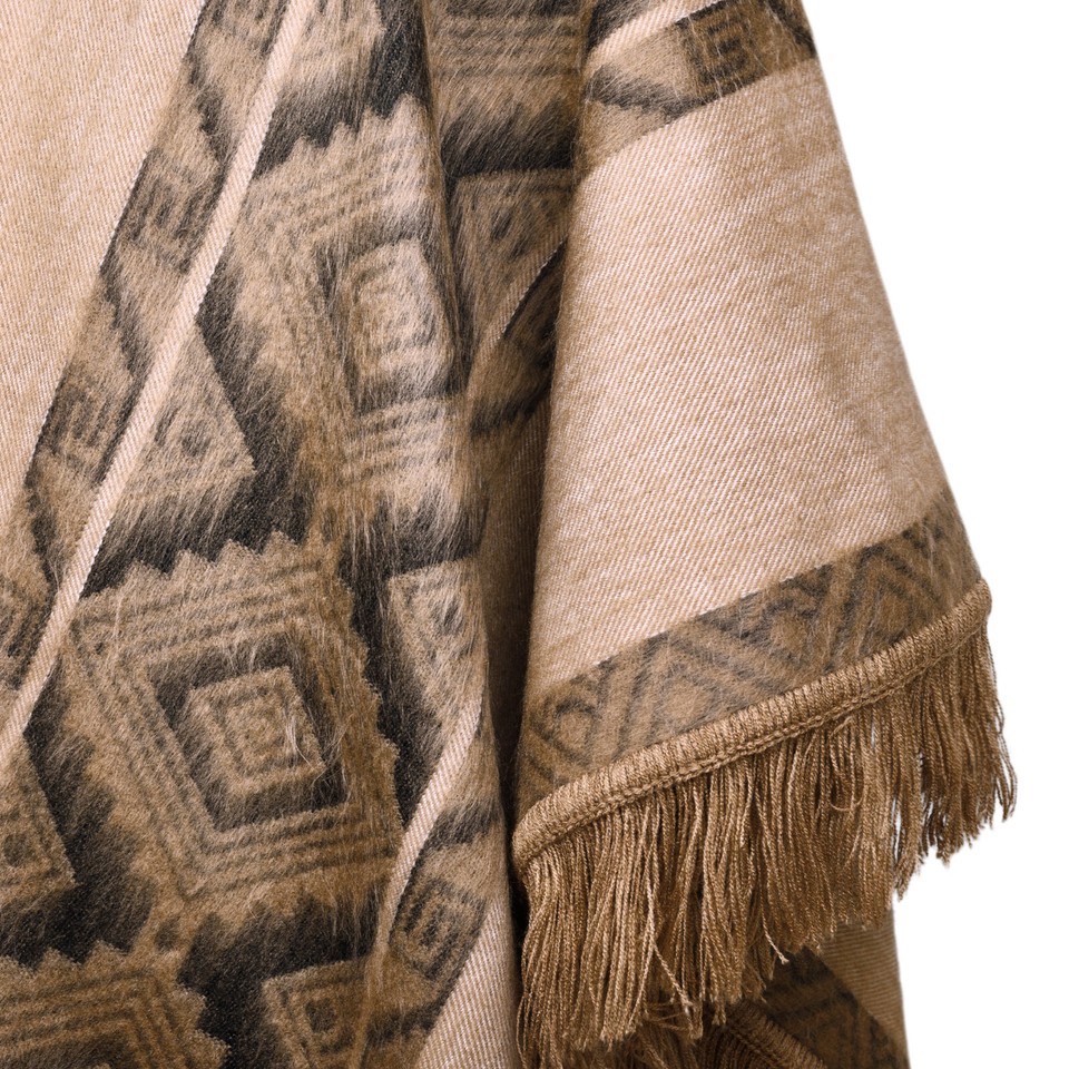 LIGHTWEIGHT BABY ALPACA WOOL HOODED PONCHO FRINGE UNISEX TAUPE ...