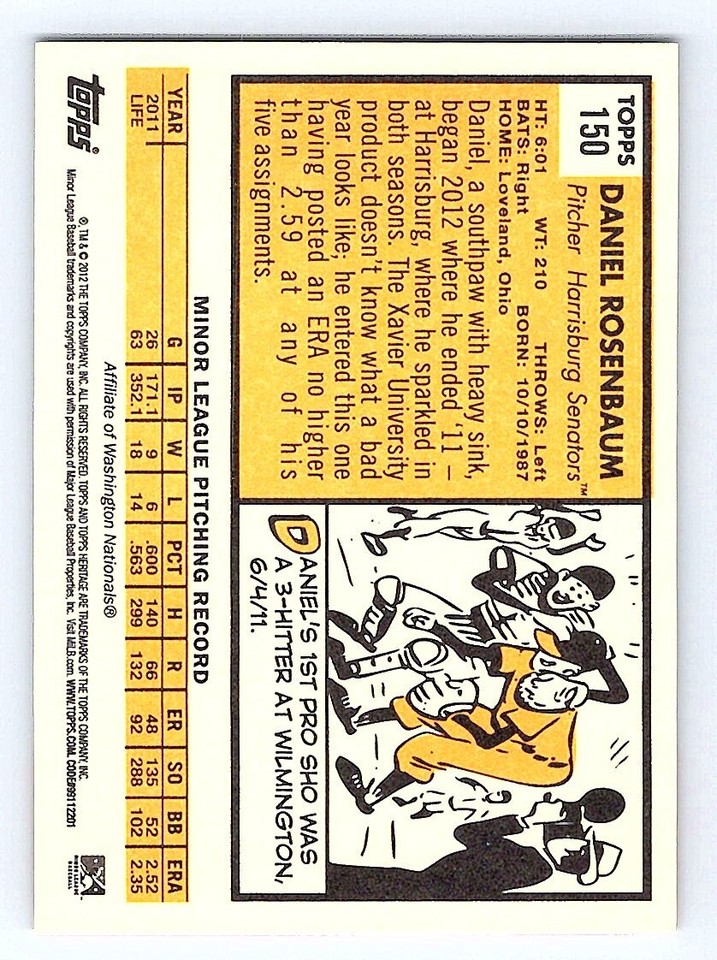 2012 Topps Heritage Minor League Daniel Rosenbaum #150 Harrisburg ...
