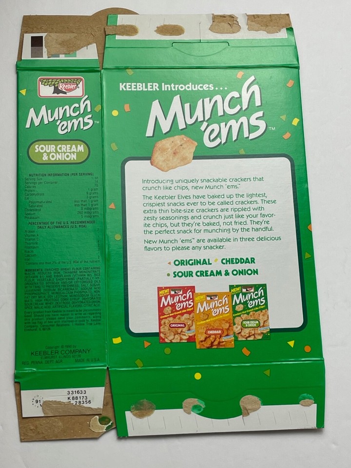 1991 Keebler MUNCH 'EMS Box Sour Cream Onion NEW packaging movie TV ...