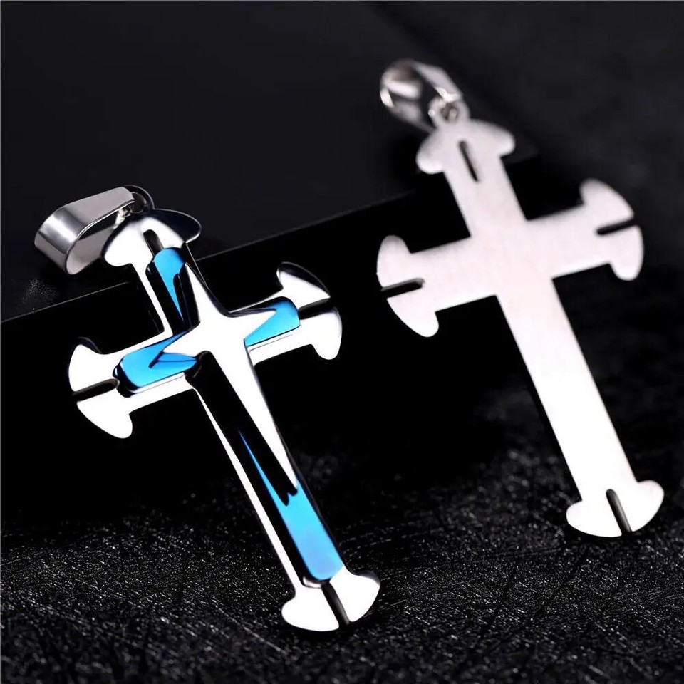 Simple Split Three Layer Cross Blue/Gold/Black Pendant Stainless Steel ...