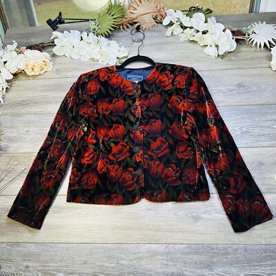 Vintage Velvet Jacket Womens Size 8 Petites Red Black Flowers Norton ...