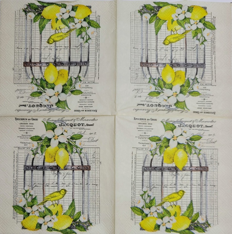 TWO Individual Paper Cocktail Decoupage Napkins - 2398 Lemon Birdcage w ...