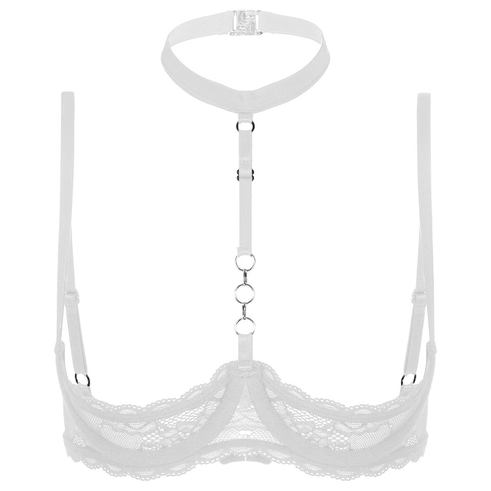 Women's Lace Sheer 1/4 Cup Bra Halter Unlined Underwire Open Cup Shelf ...