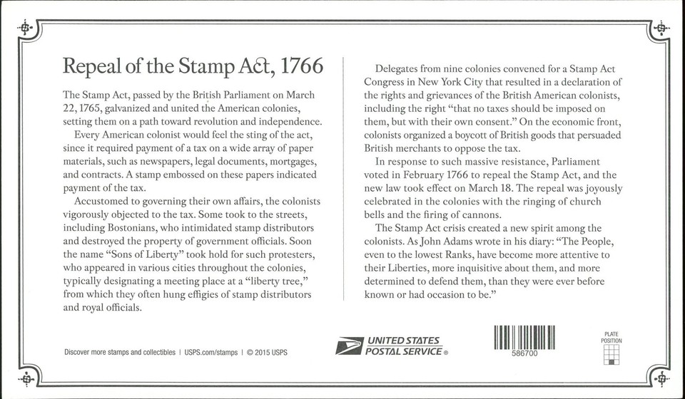 2015 - Repeal Of The Stamp Act, 1766 47cents Ten Stamps Forever Self ...