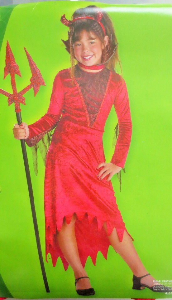 GIRLS RED DEVIL HALLOWEEN COSTUME Velvet Dress HEADBAND HORNS Childs ...