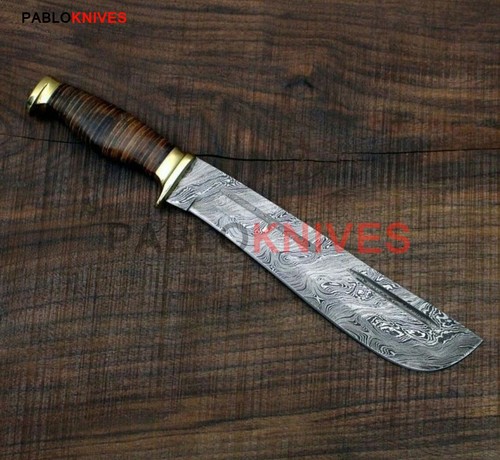 Custom Handmade Damascus Steel Hunting Machete Knife Stacked Leather ...