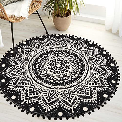 Boho Round Rug for Living Room 4' Circular Black Mandala Area Rug with ...
