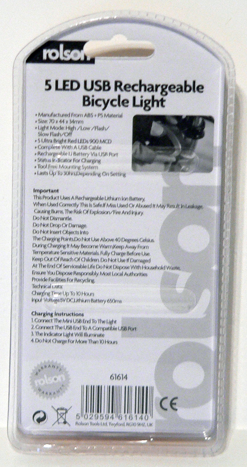 ROLSON BICYCLE FRONT LED WONDERBAR LIGHT & 5 LED USB RECHARGEABLE REAR ...