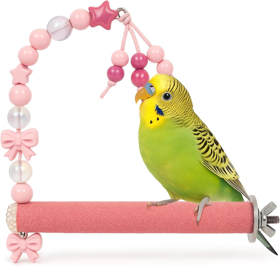 Bird Parrot Perch with Beads and Bow Chew Toy,Cage Platform Toy and ...