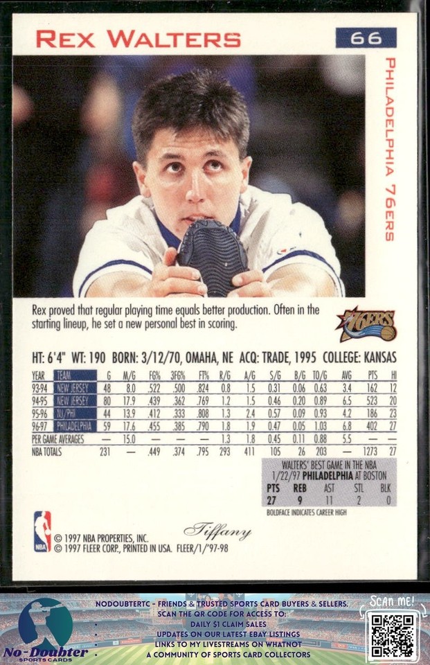 1997-98 Fleer #66 Rex Walters Traditions Tiffany Philadelphia 76ers P ...