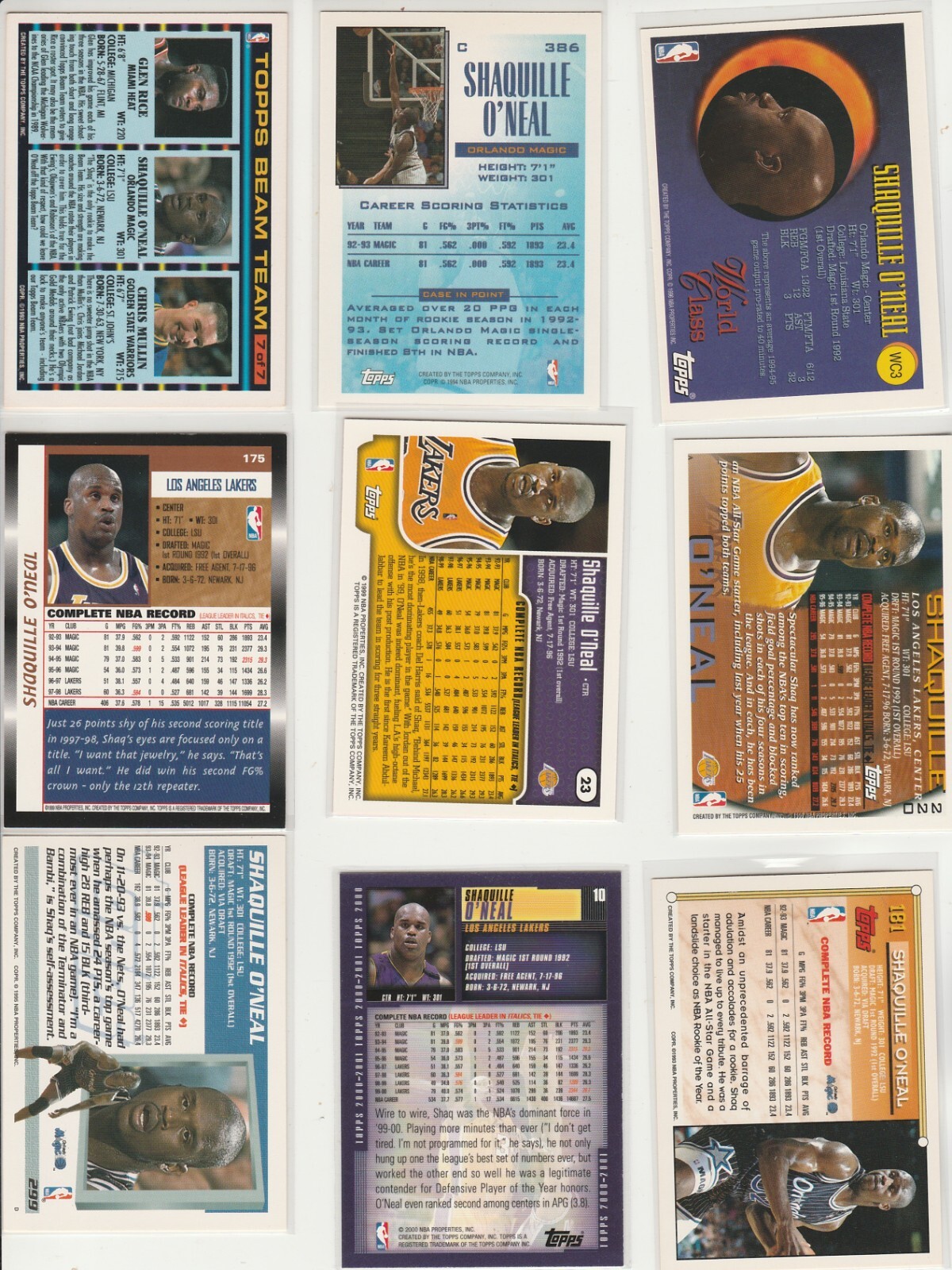 SHAQUILLE O'NEAL 90'S RAINBOW LOT TOPPS (19) DIFF W 1 1992-93 RC 2 ...