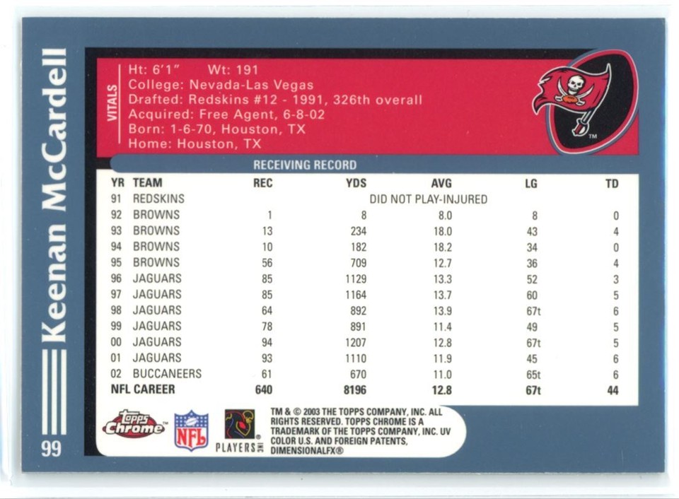 2003 Topps Chrome Keenan McCardell Tampa Bay Buccaneers #99 | eBay