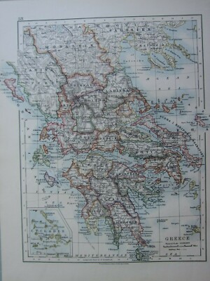 1913 MAP GREECE CYCLADES MOREA MESSENIA ARCADIA CORINTHIA ATHENS AEGINA ...