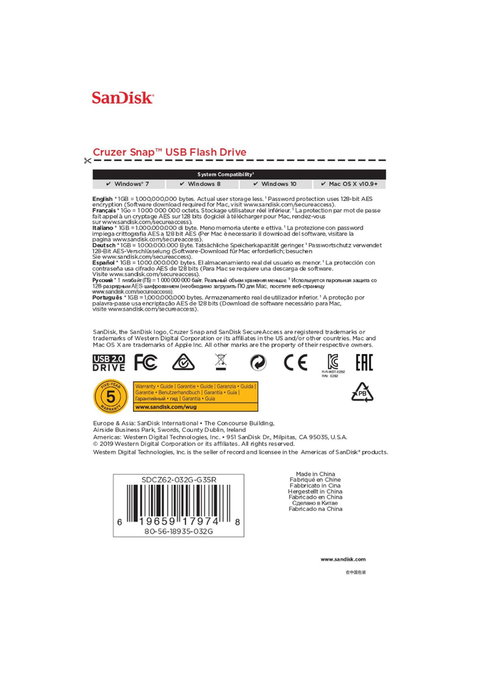 SanDisk Cruzer Snap 32 GB USB Flash Drive - Red, SDCZ62-032G-G35R | eBay